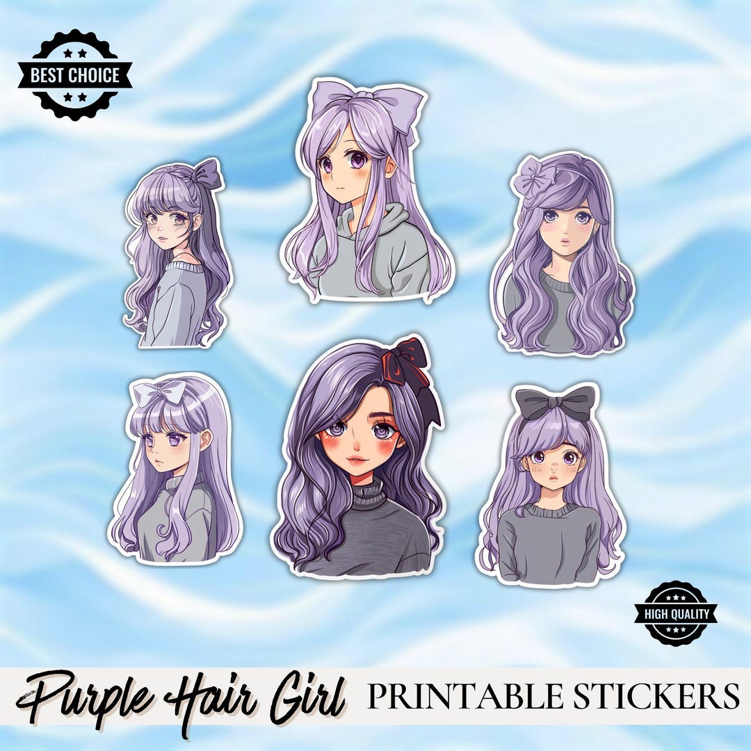 Kawaii Girl in Purple Hair Stickers - Cute Girl Stickers - Digital ...