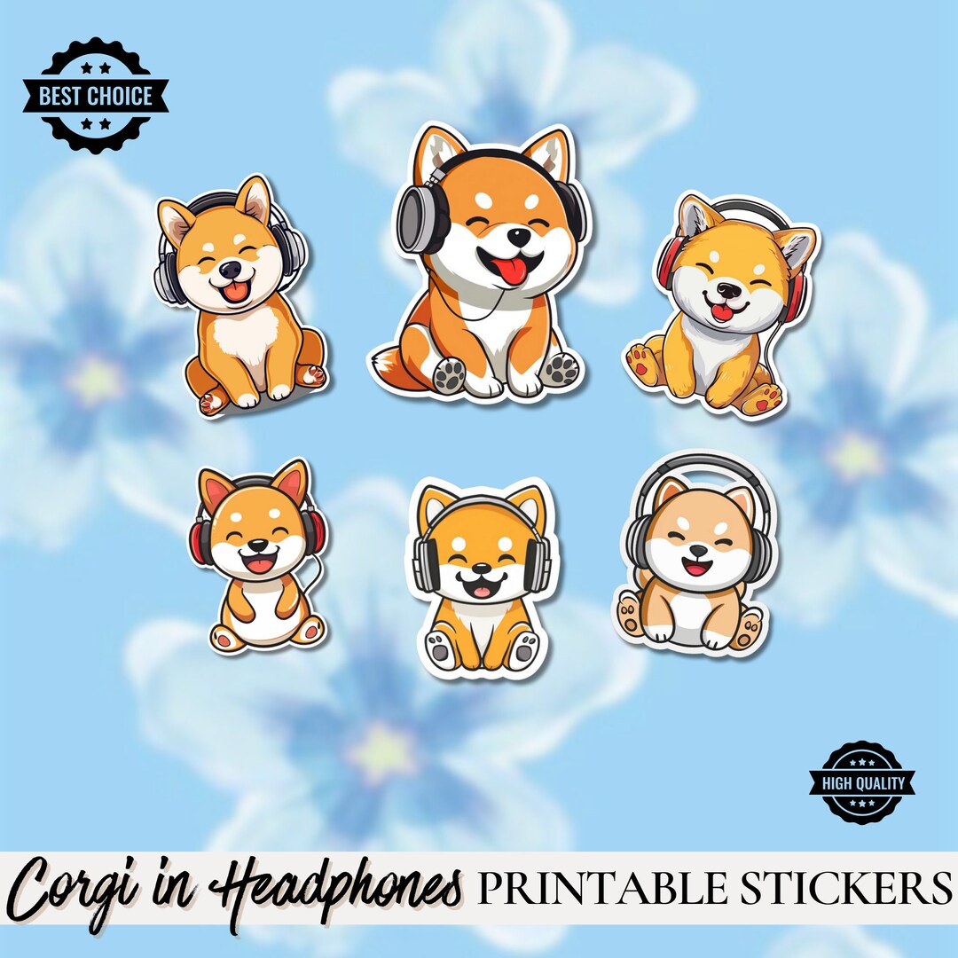Printable Corgi Dog Stickers Corgi Lover Sticker Headphones Corgi Dog ...