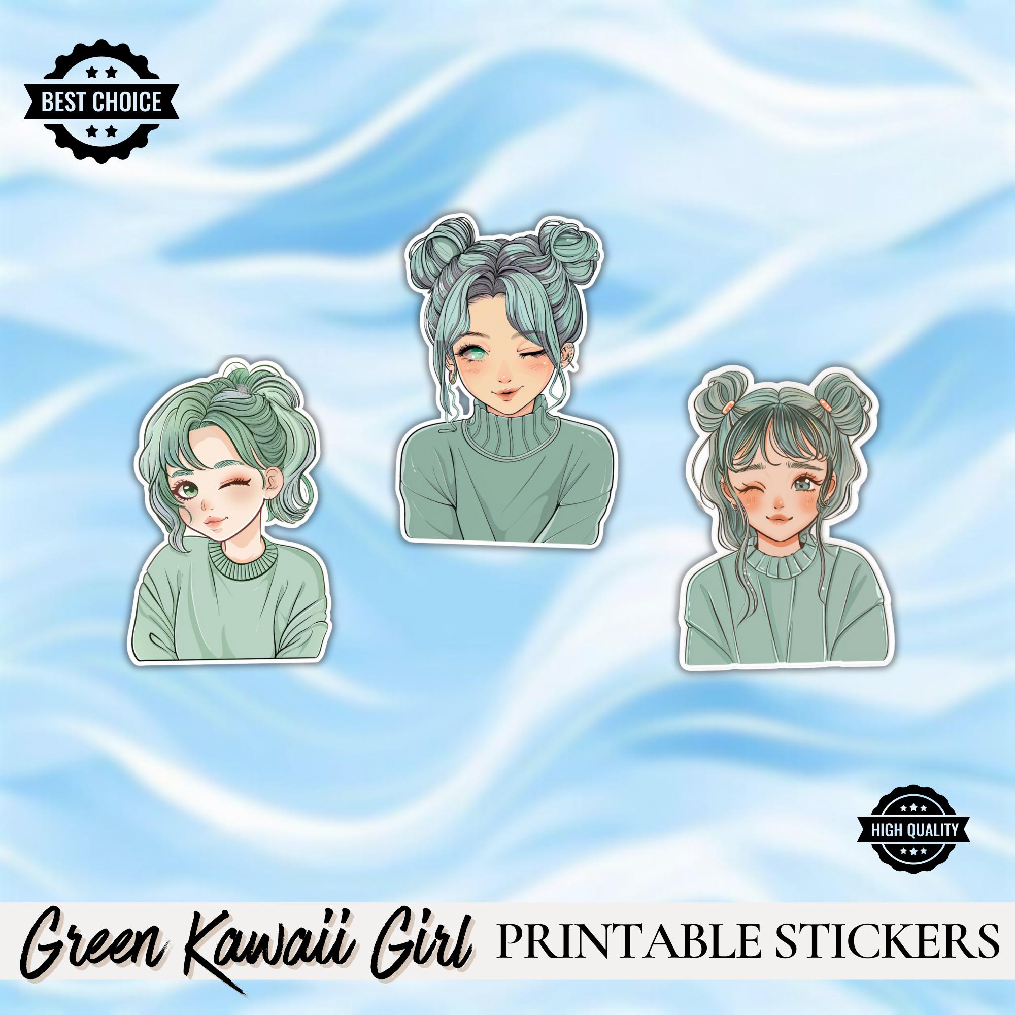 Green Kawaii Girl Stickers Cute Anime Girl Decal Green Kawaii Stickers ...