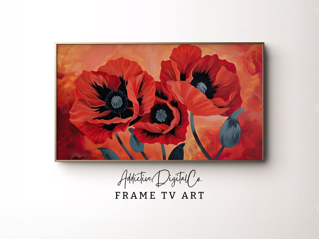 Modern Poppy Floral Frame Tv Art, Spring Botanical Tv Decor, Vibrant ...
