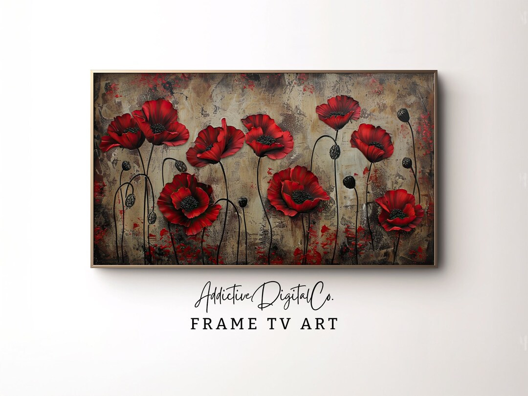 Contemporary Poppy Flower Frame Tv Art, Spring Floral Tv Decor, Red ...