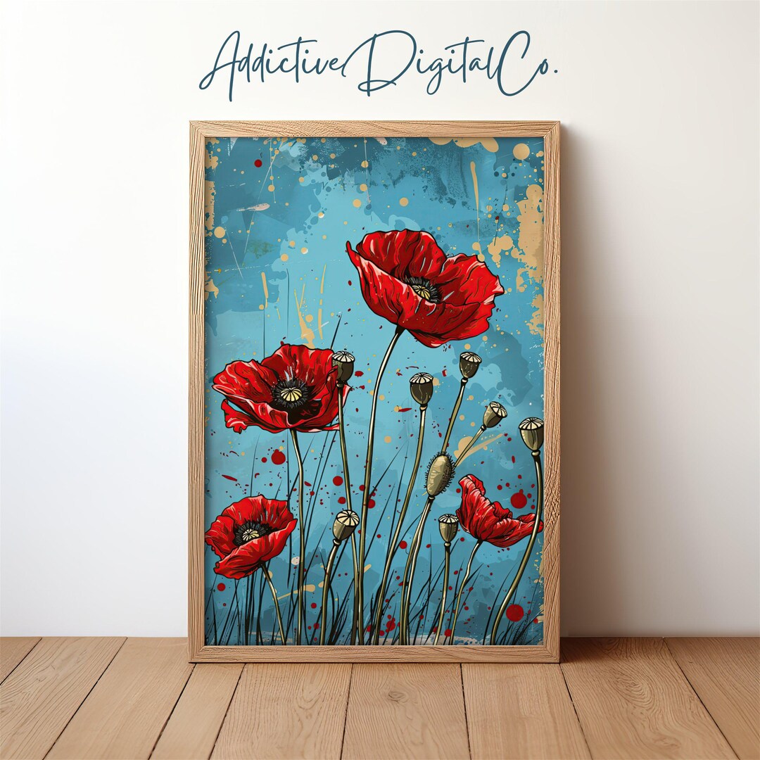 Poppies Printable Wall Art, Colorful Red Poppies on Blue Abstract ...