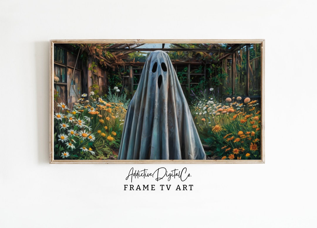 Whimsical Ghost in Garden Frame Tv Art, Autumn Spooky Tv Decor, Blue ...