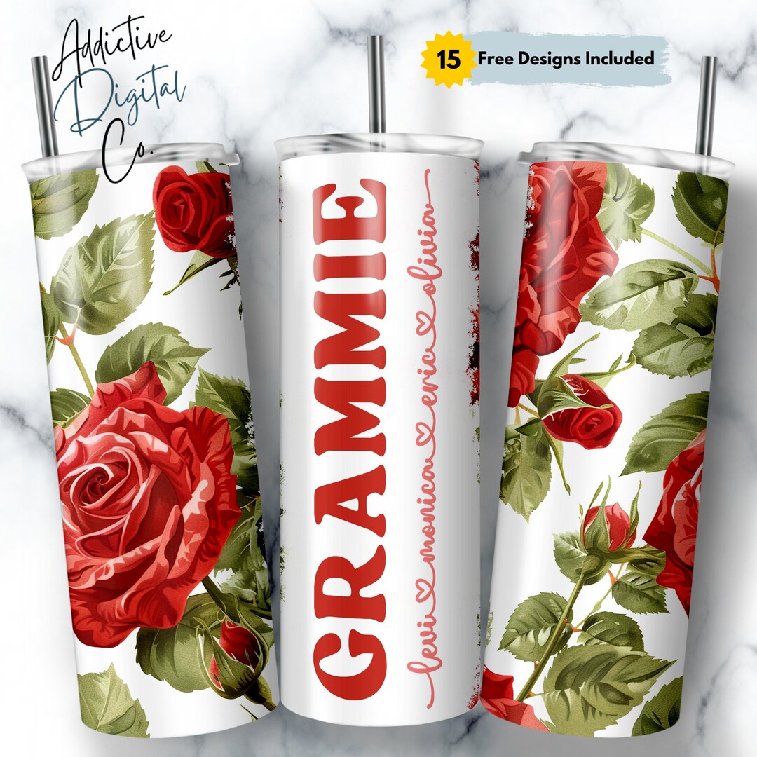 Grammie Tumbler Wrap Add Kids Names, Red Rose Floral Grandma Seamless ...