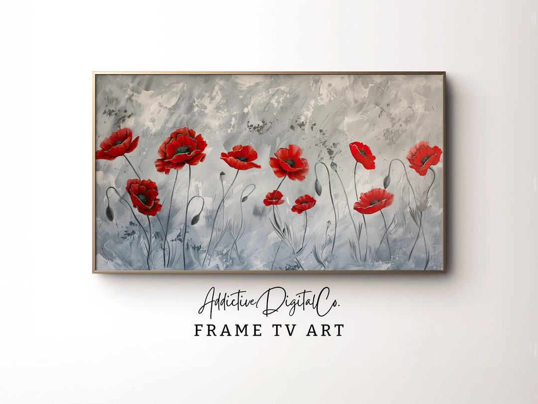 Modern Floral Frame Tv Art, Spring Poppy Tv Decor, Red and White ...