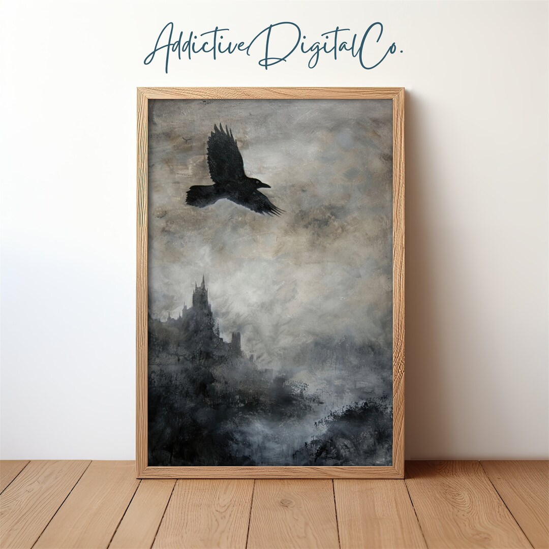 Raven in Flight Portrait, Dark Academia Gothic Decor, Mysterious Moody ...