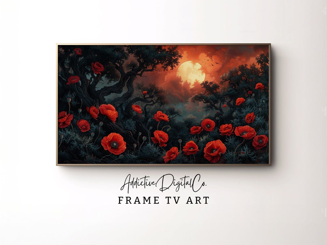 Gothic Poppy Landscape Frame Tv Art, Halloween Boho Tv Decor, Dark Red ...