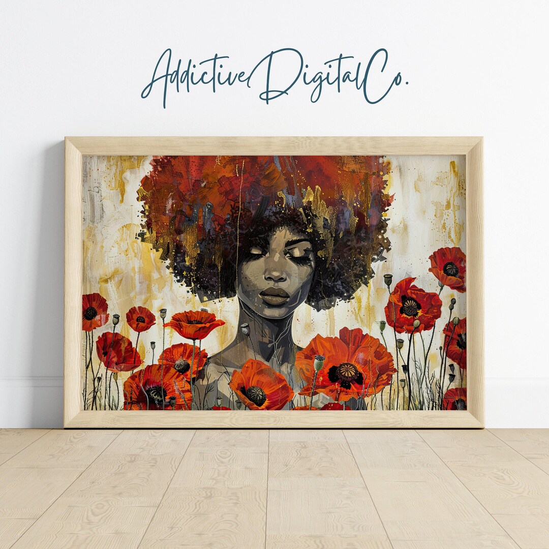 Poppies Printable Wall Art, Afro African American Woman Portrait ...