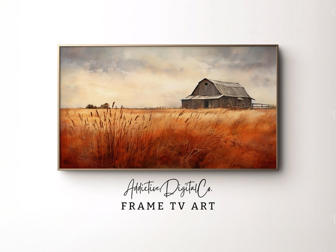 Rustic Barn Landscape Frame Tv Art, Autumn Farmhouse Tv Decor, Orange ...