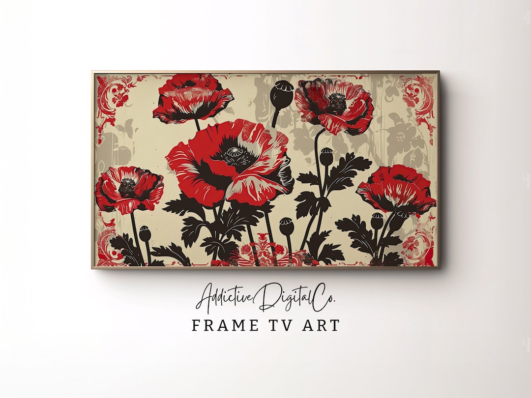 Vintage Poppy Frame Tv Art, Spring Floral Tv Decor, Red Digital Print ...