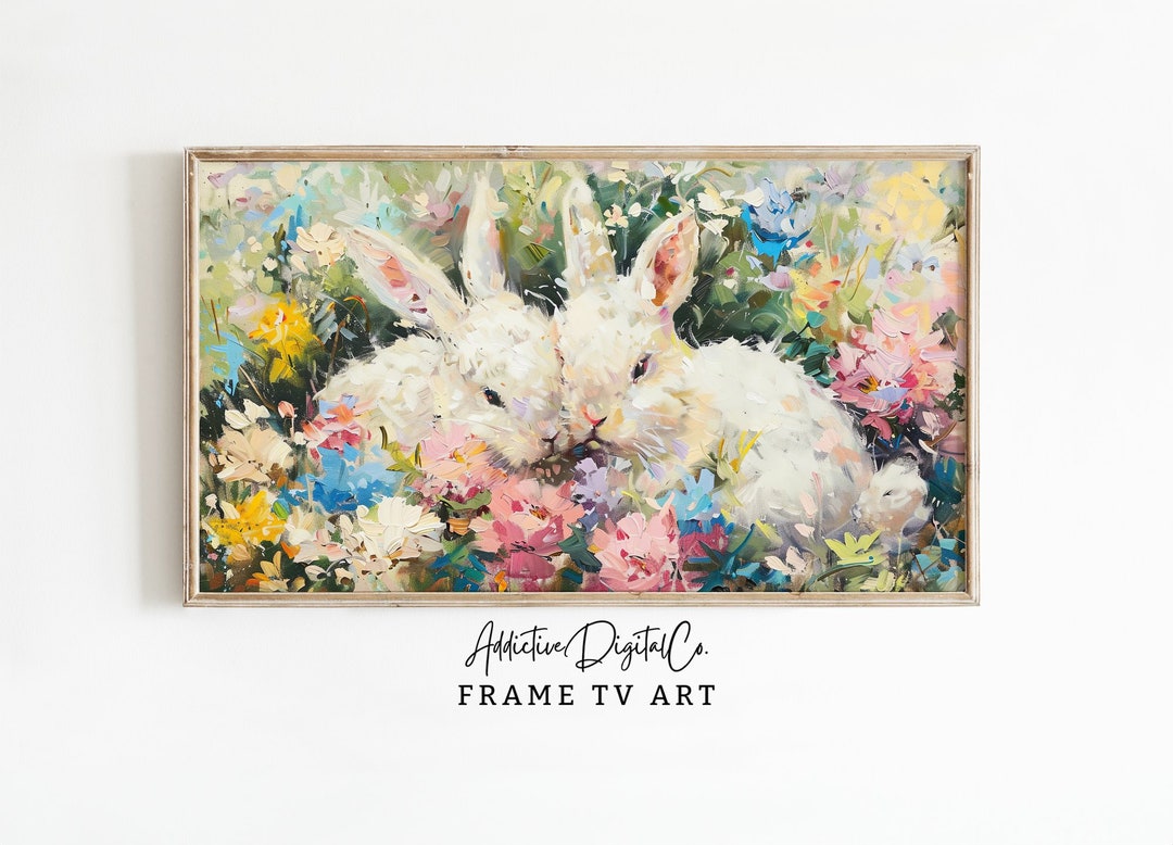 Spring Bunny Frame Tv Art, Floral Rabbit Art Tv Decor, Easter Bunny Tv ...