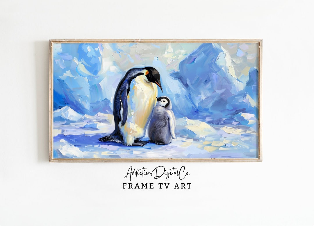 Penguin Mom and Baby Frame Tv Art, Mother's Day Art Tv Decor, Penguin ...
