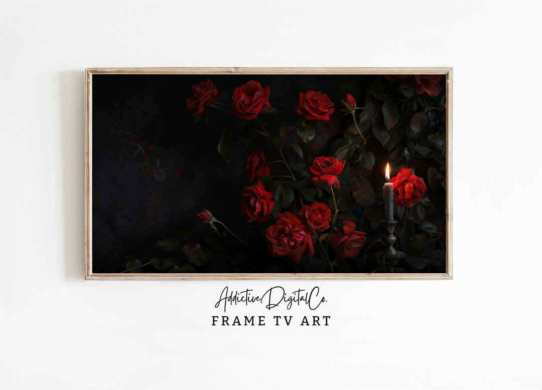Romantic Red Roses Frame TV Art, Dark Aesthetic Tv Decor, Moody Black ...