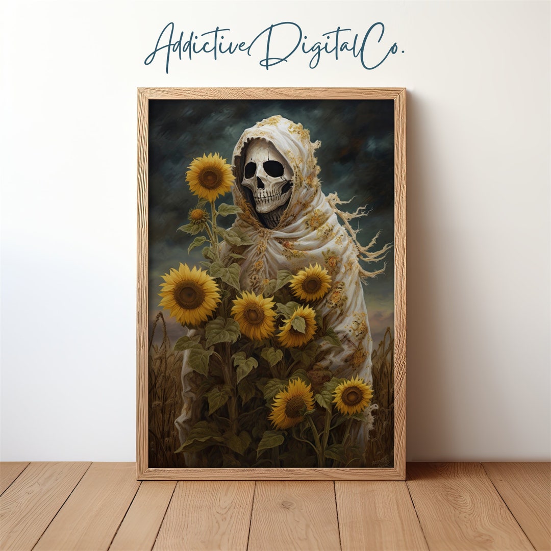 Skeleton With Sunflowers Portrait, Dark Academia Halloween Decor, Eerie ...