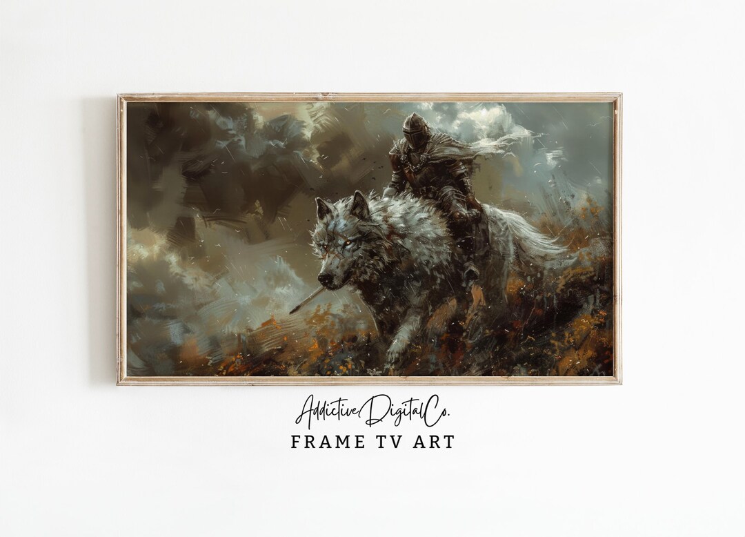 Fantasy Warrior and Dire Wolf Frame TV Art, Mythical Creature Tv Decor ...
