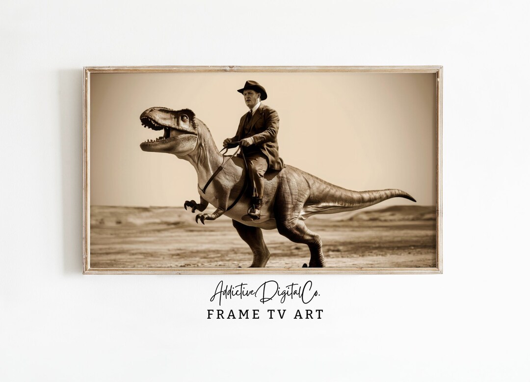 Retro Dinosaur Rider Frame Tv Art, Adventure Film Tv Decor, Sepia ...