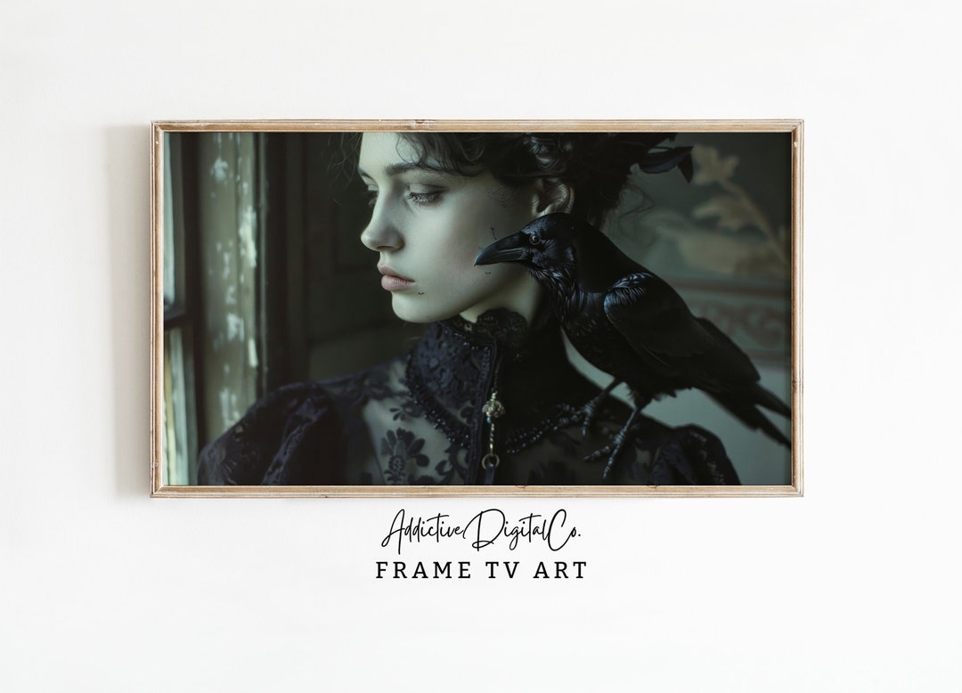Gothic Raven Woman Portrait Frame Tv Art, Dark Fantasy Tv Decor, Black ...