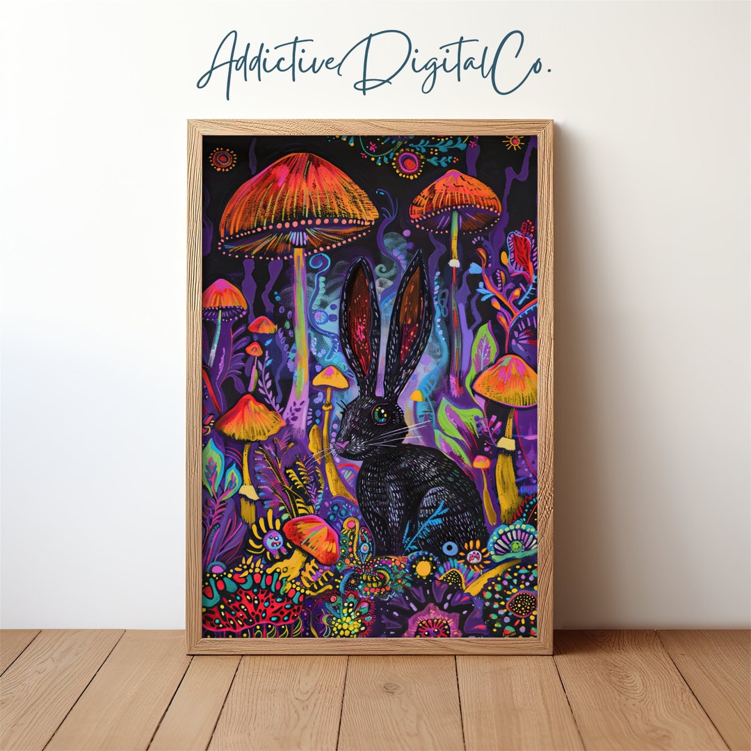 Psychedelic Rabbit Portrait, Dark Academia Boho Decor, Colorful Trippy ...