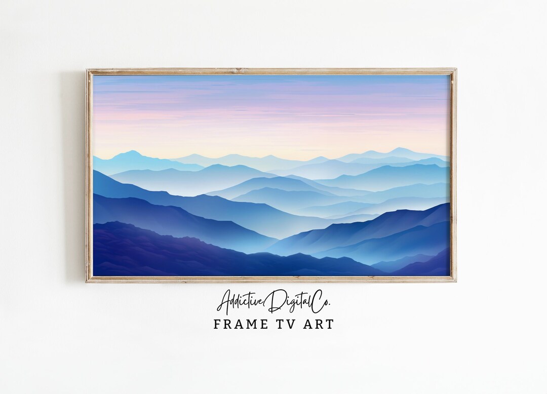 Contemporary Mountain Scene Frame Tv Art, Serene Morning Tv Decor, Blue ...