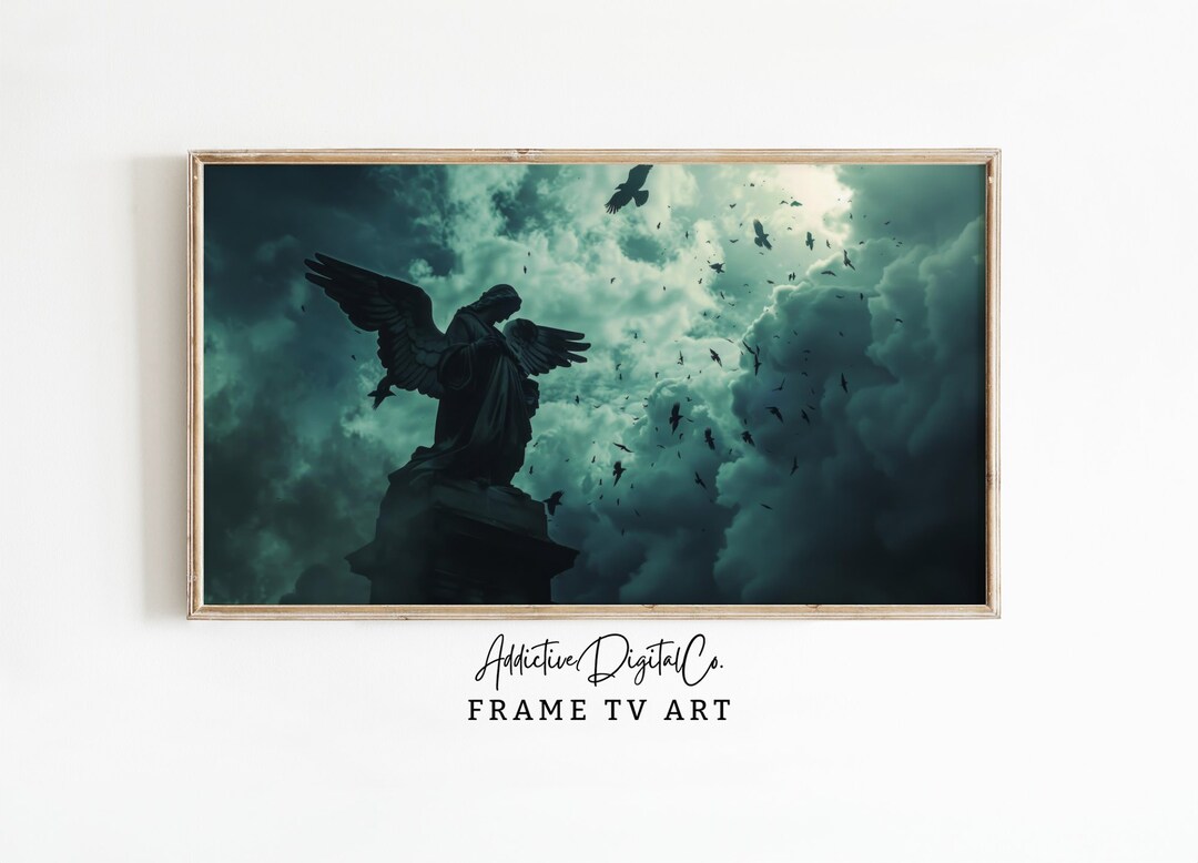 Gothic Angel Statue Frame Tv Art, Mysterious Sky Tv Decor, Blue ...
