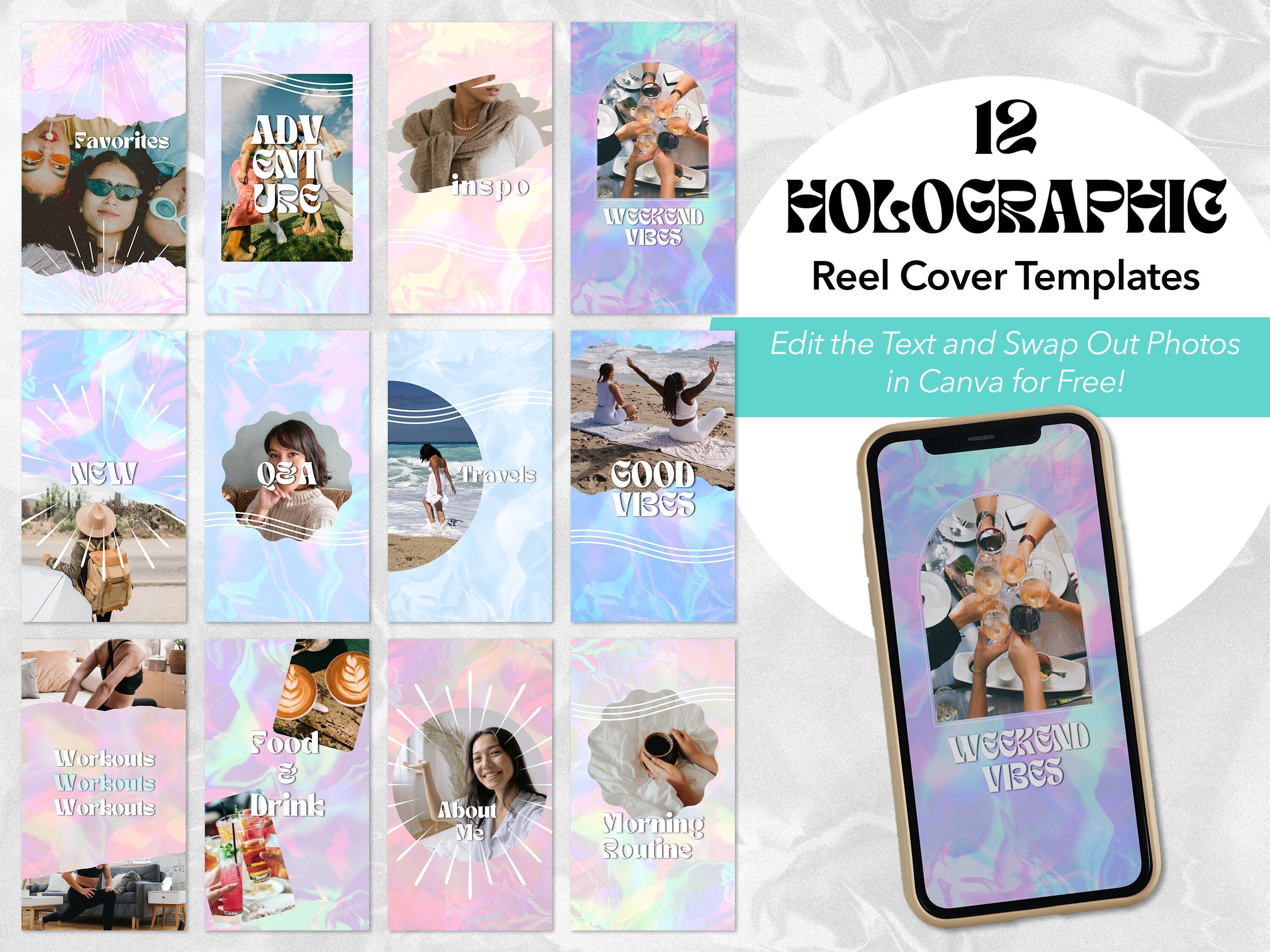 Holographic Reel Covers, Instagram Reel Template, 12 Reel Covers Edit ...