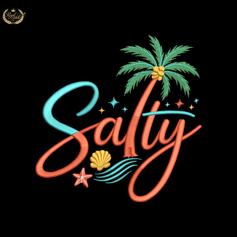 Salty Beach Embroidery Design | Palm Tree, Seashell, Waves (digital ...
