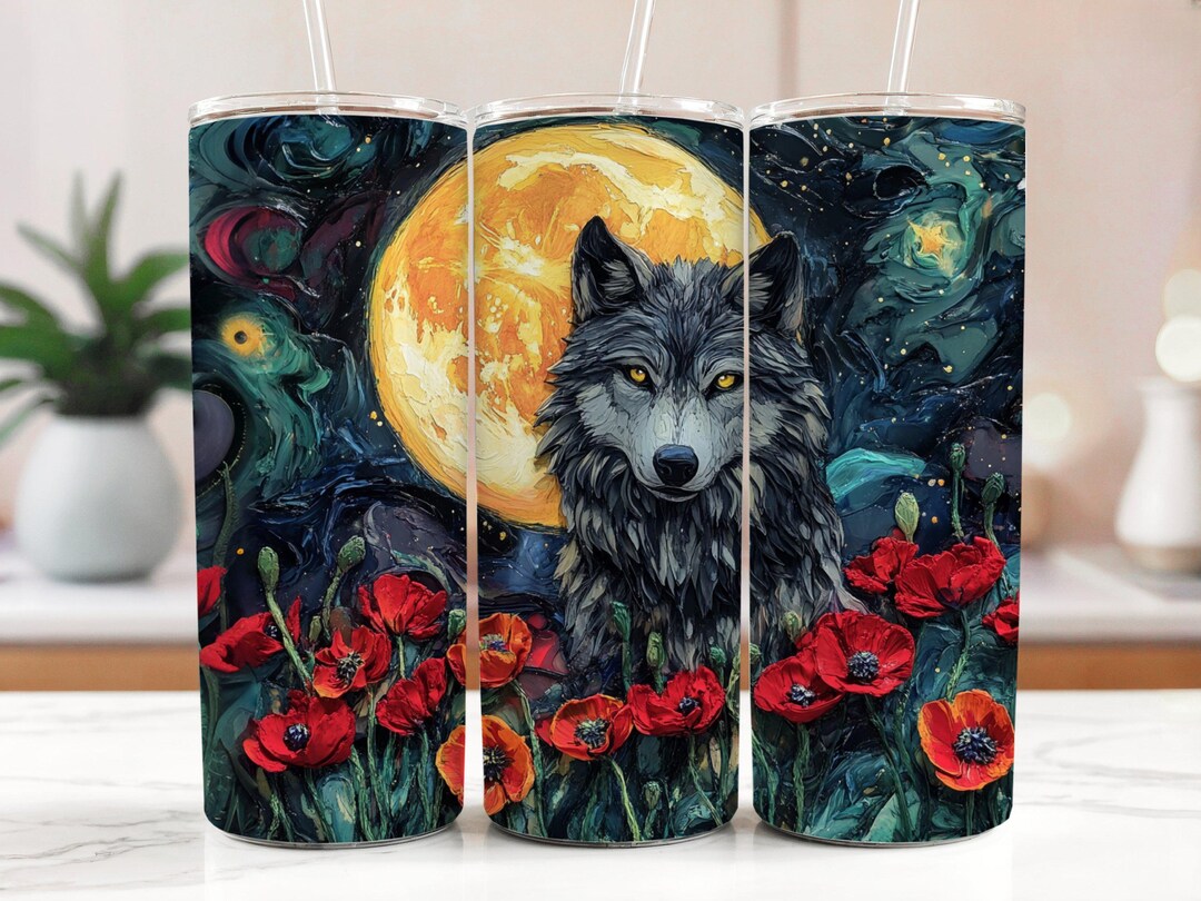 Seamless Wolf & Poppies 3D Design, Moon Wolf 20 Oz Skinny Straight ...
