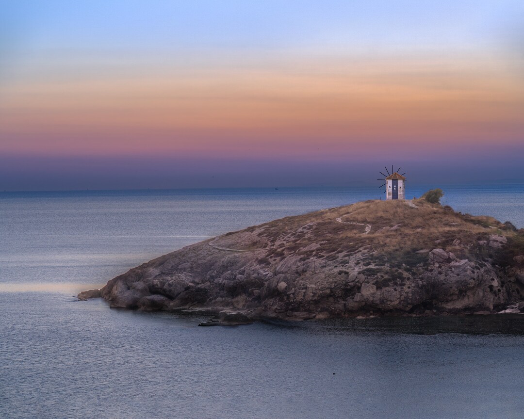 Turkey, Sile, Aglayan Kayalar, Windmill at Sunrise in Purple and Pale ...