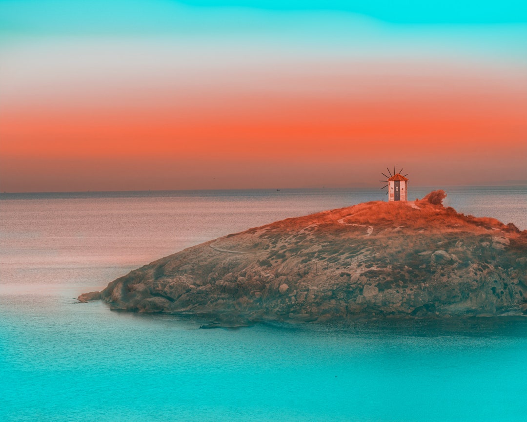 Turkey, Sile, Aglayan Kayalar, Windmill at Sunrise in Azure and Orange ...
