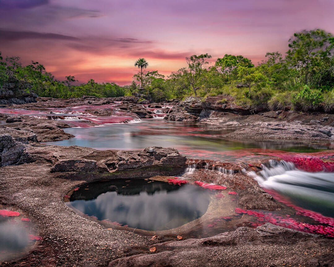 Colombia, Crystal River Purple Sunset With Clouds, Horizontal Image ...