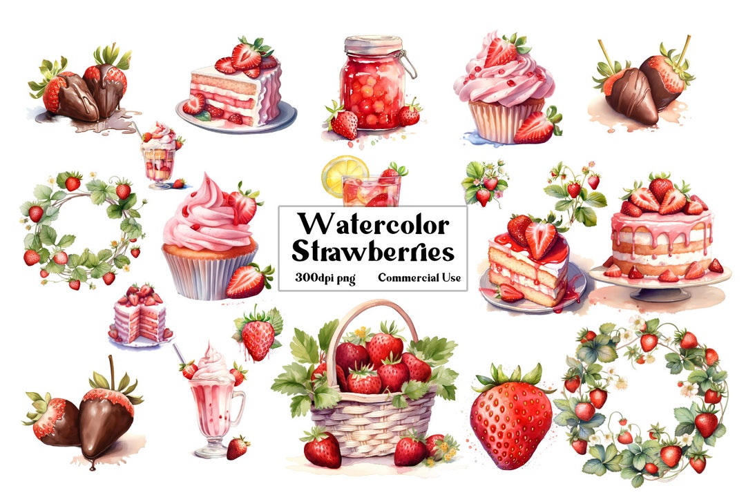Watercolor Strawberries Clipart - Digital Png Strawberry, Cupcake ...
