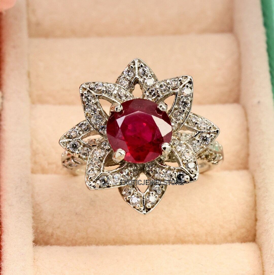 Ruby Lotus Design Ring, Red Ruby Anniversary Ring, Pink Gemstone ...
