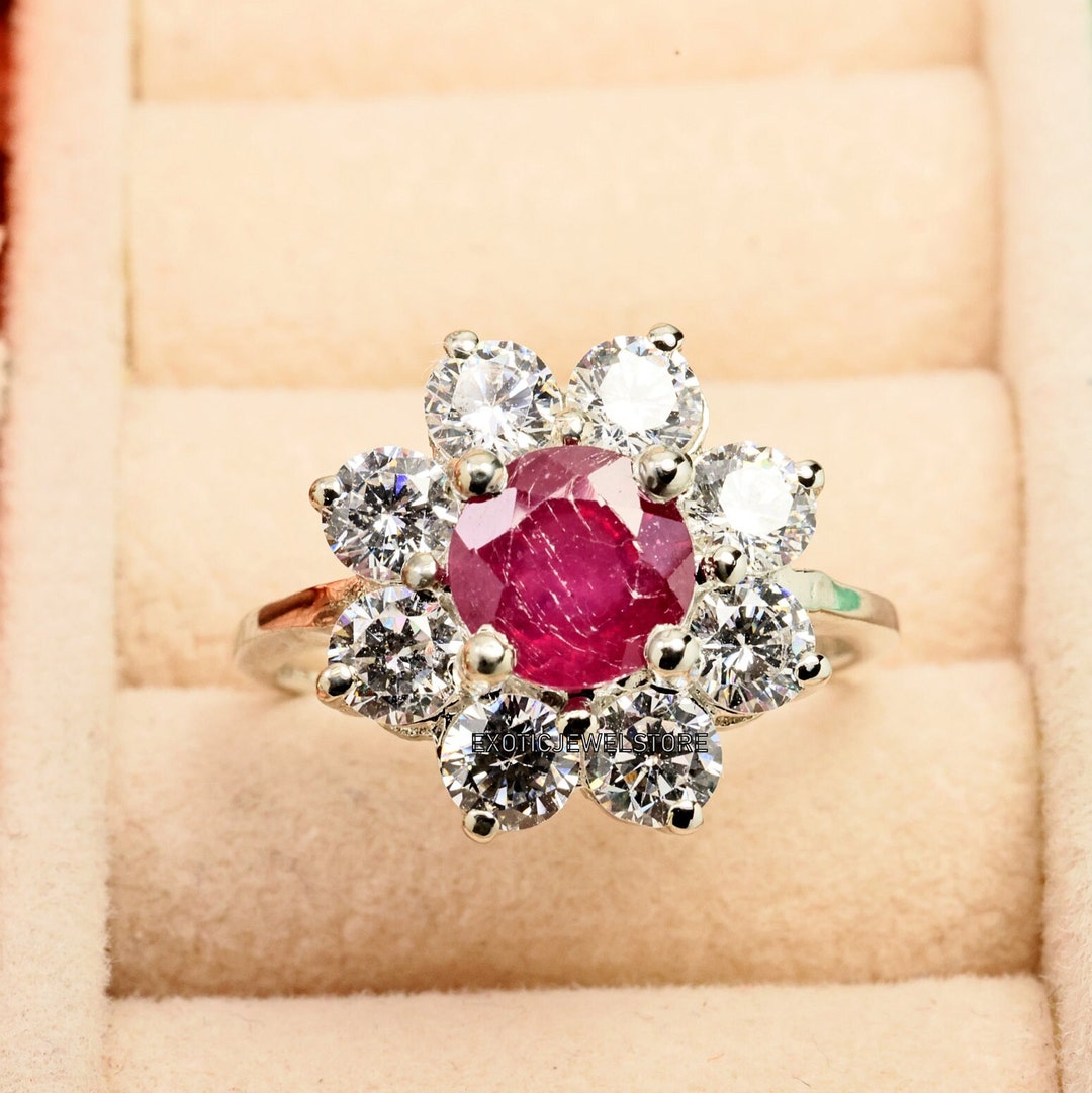 Natural Red Ruby Flower Ring, Ruby Halo Engagement Ring, Birthstone ...