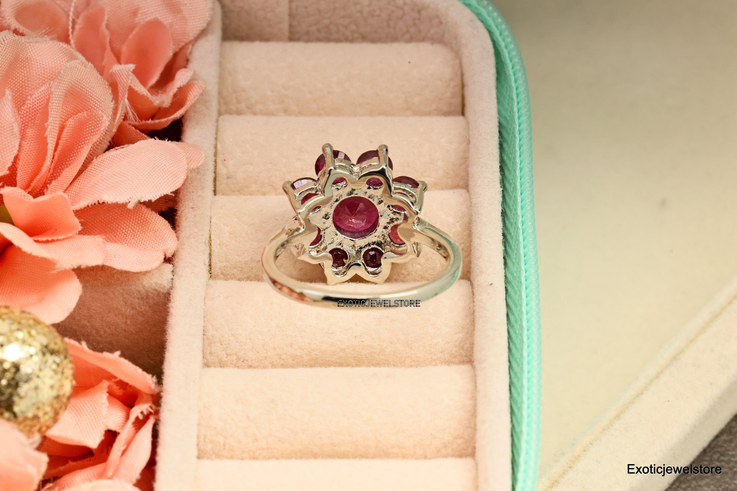 Halo Ruby Lotus Flower Promise Ring, Ruby Statement Ring for Women ...
