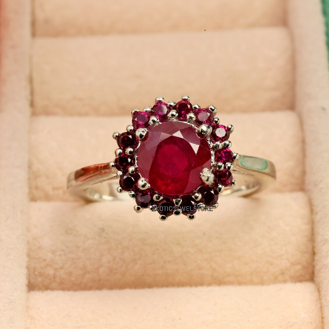 Round Cut Halo Ruby Ring, Ruby Sterling Silver Gemstone Engagement ...
