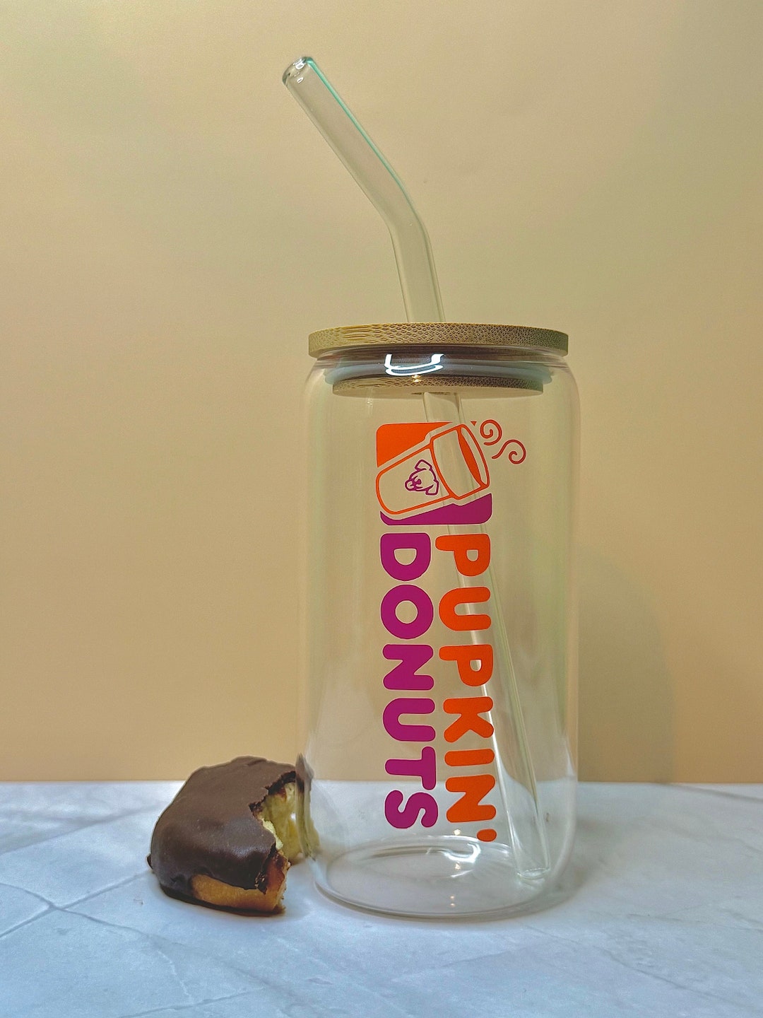 Pupkin Donuts Iced Coffee Cup: 16oz Glass Tumbler With Bamboo Lid ...