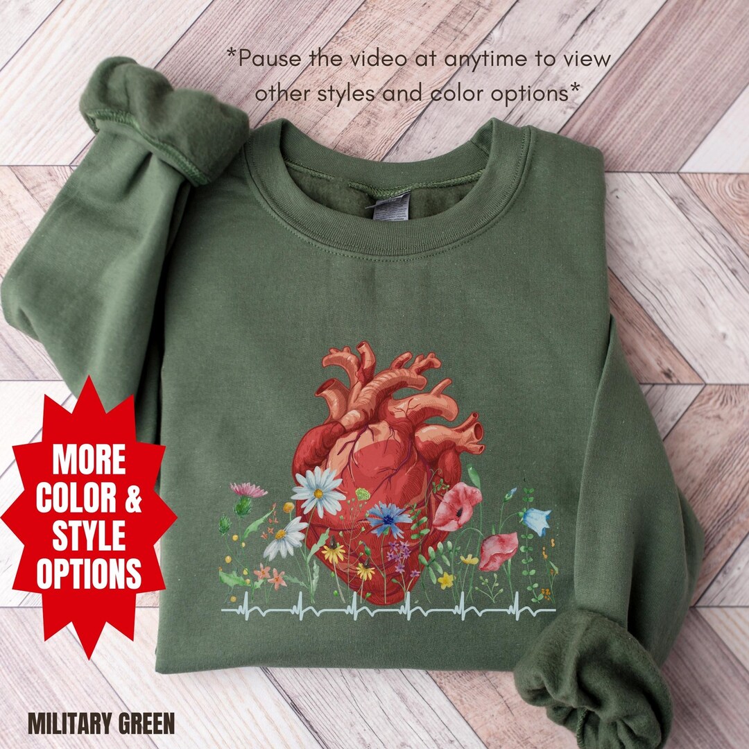 Floral Anatomical Heart Sweatshirt, Cardiac Nurse Sweatshirt, Heart ...