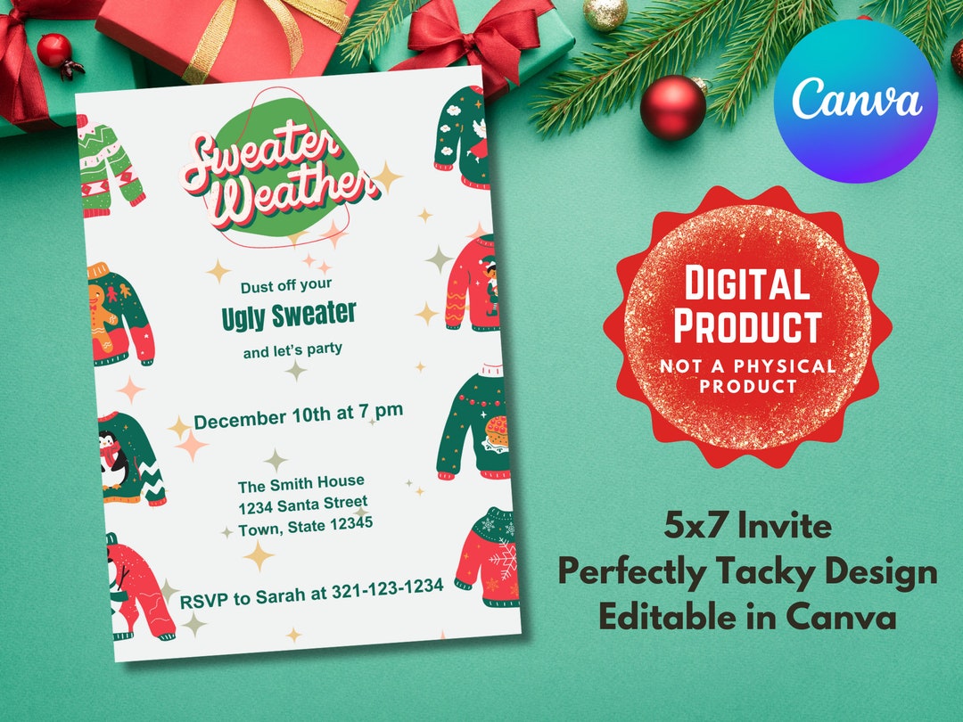 Ugly Sweater Party Invite Canva Template, Digital Download, Sweater ...