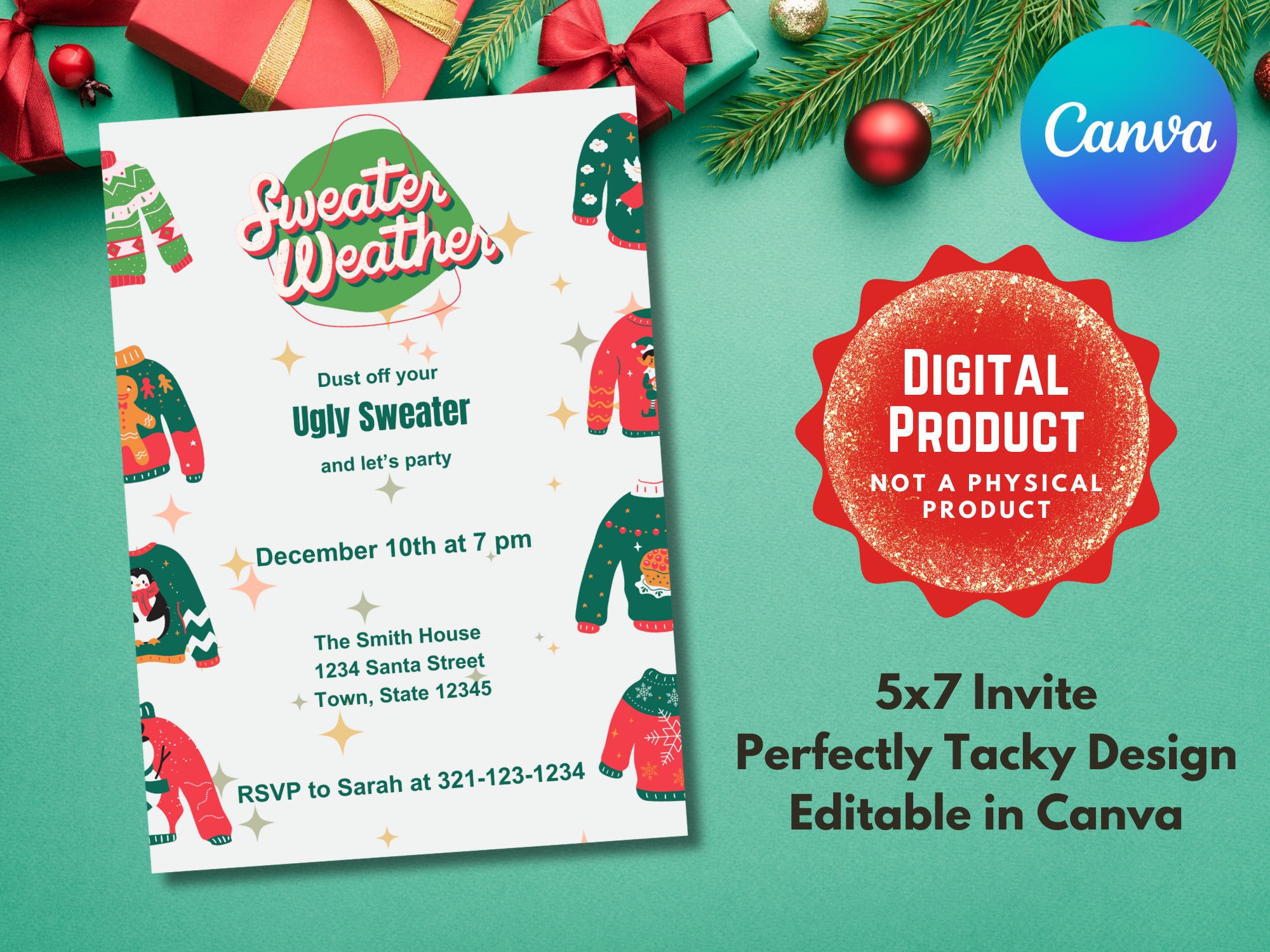 Ugly Sweater Party Invite Canva Template, Digital Download, Sweater ...