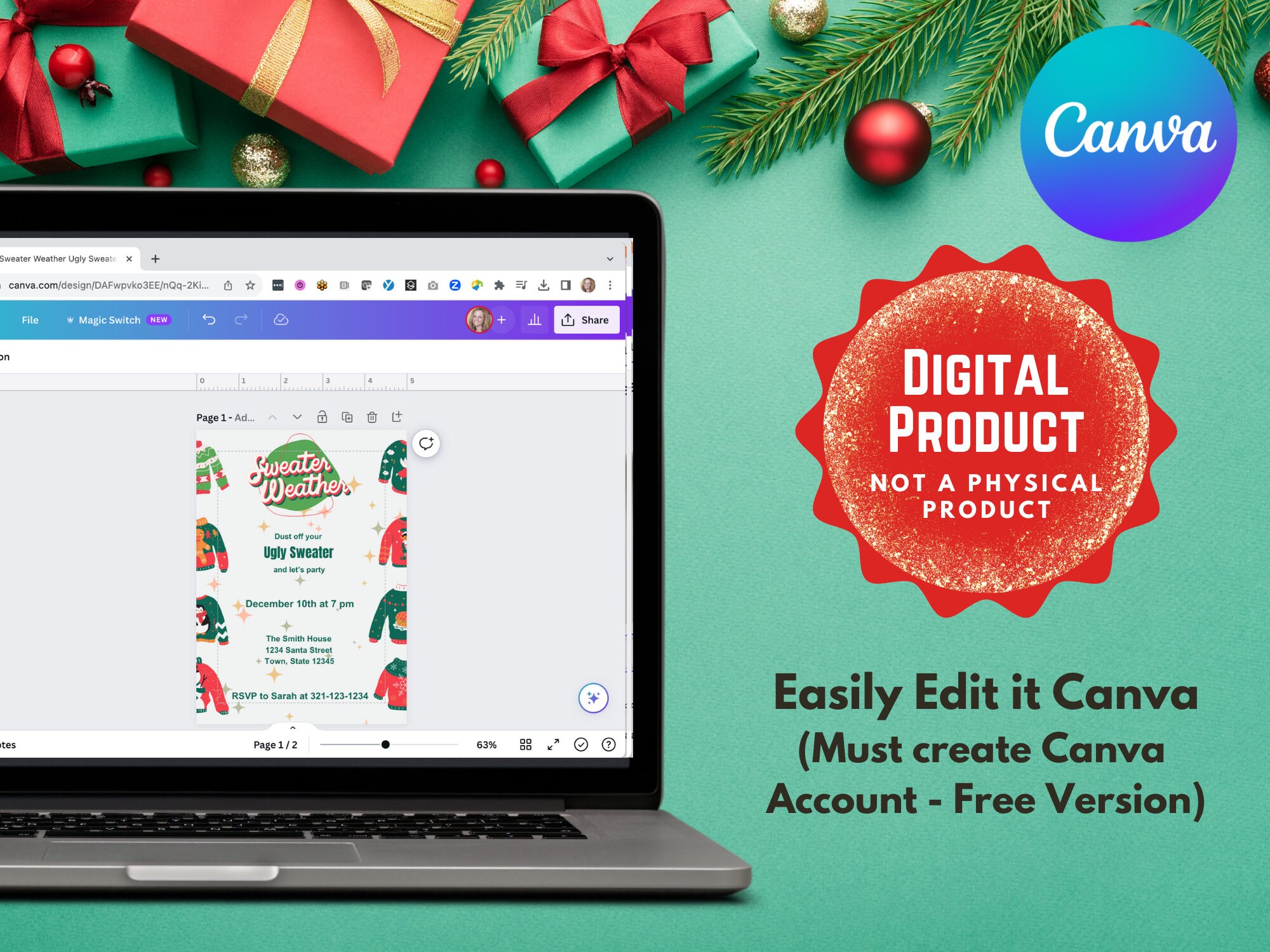 Ugly Sweater Party Invite Canva Template, Digital Download, Sweater ...