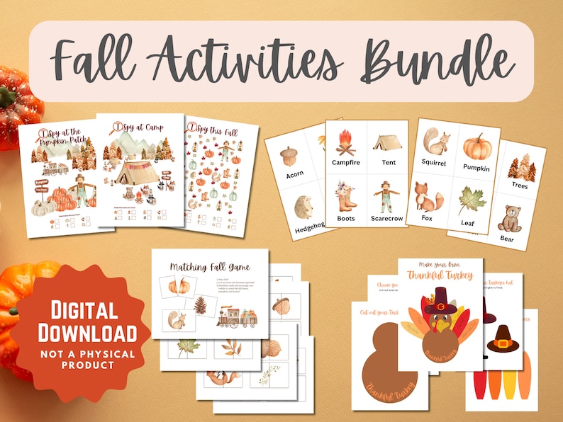 FALL Children's Activity Printable Bundle | Flashcards | Matching Game ...