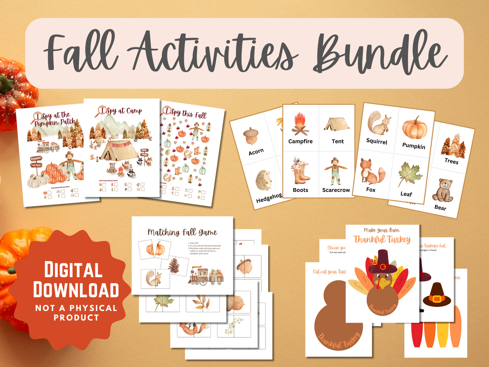 FALL Children's Activity Printable Bundle | Flashcards | Matching Game ...