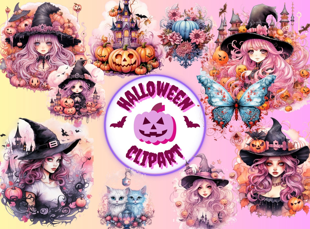 Pastel Halloween Water Color PNG Bundle Set, Anime Witch Clipart ...