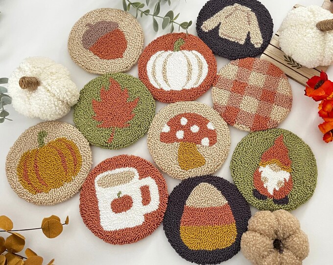 Fall Punch Needle Mug Rug Coaster | Punch Needle Pumpkin Coaster | Cute ...