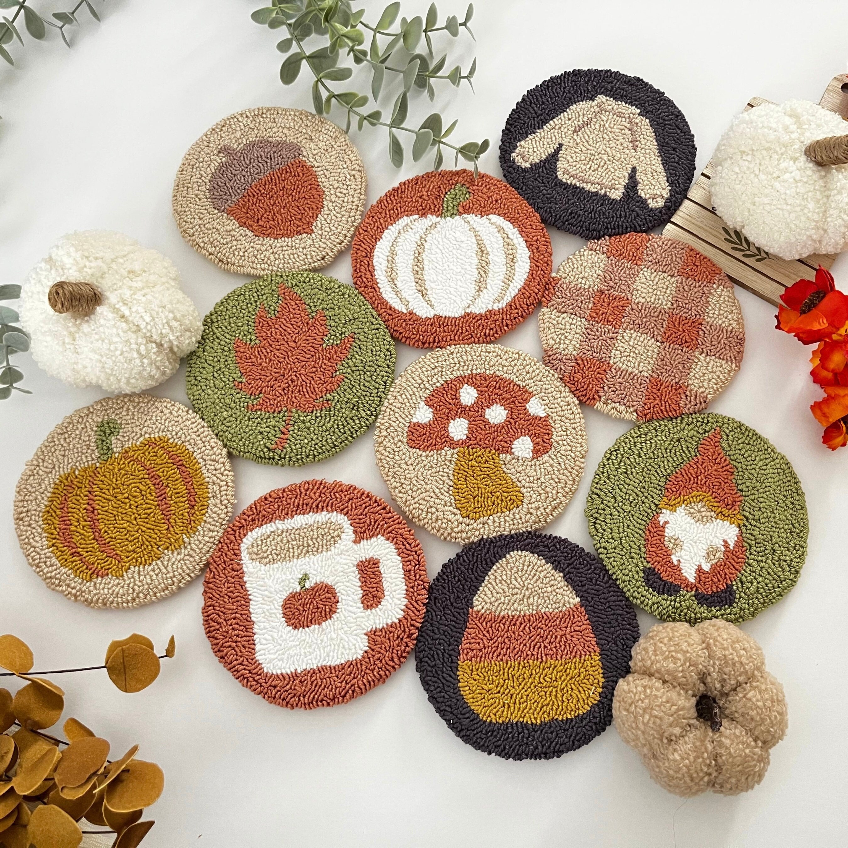 Fall Punch Needle Mug Rug Coaster Punch Needle Pumpkin Coaster Cute ...