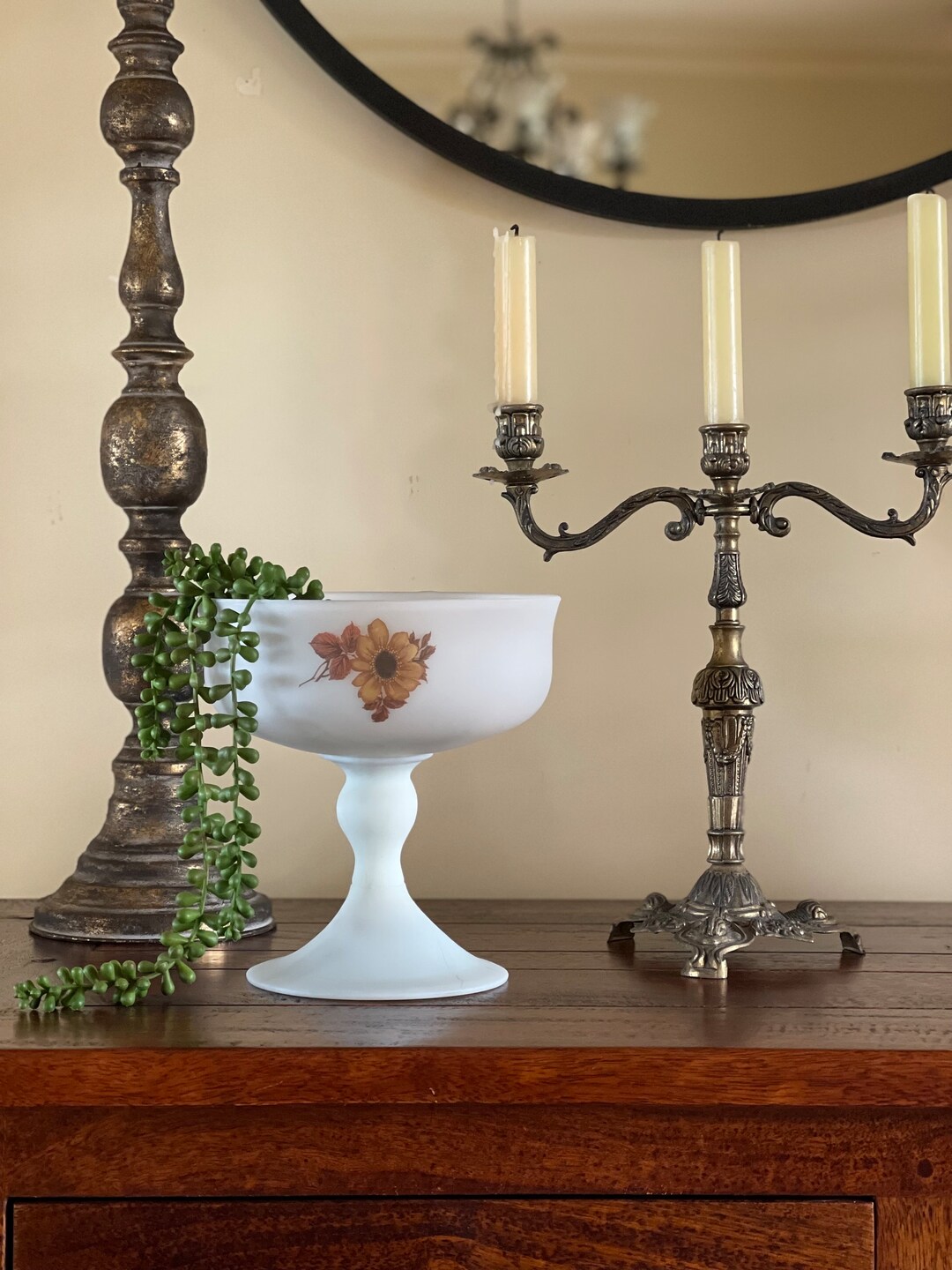 Vintage Italian Satin Glass Compote With Brown Floral Design C1970 - Etsy