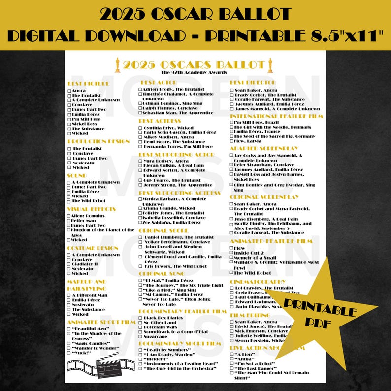 DIGITAL 2025 Oscars Ballot Printable PDF, Oscar Movies, Oscars 2025 ...