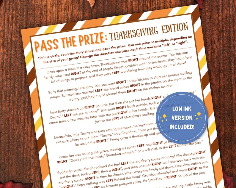 Thanksgiving Pass the Prize Game: Left Right Story (printable PDF) - Etsy