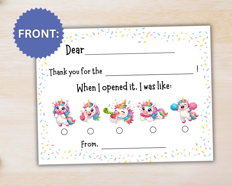 Kids Unicorn Thank You Card, Printable Gratitude Notecards for Birthday ...