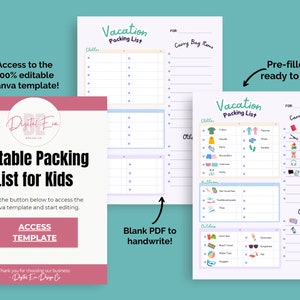 Kids Vacation Packing List: Visual Checklist, Editable Template ...